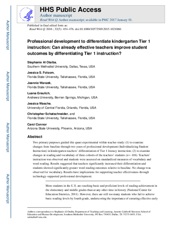 (PDF) Professional Development to Differentiate Kindergarten Tier 1 ...