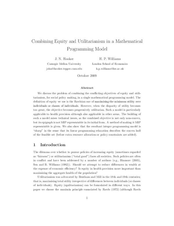 (PDF) Combining Equity and Utilitarianism in a Mathematical Programming Model