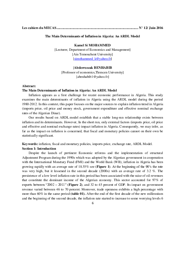 Pdf The Main Determinants Of Inflation In Algeria An Ardl Model