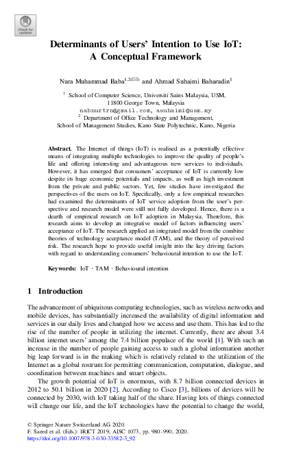 Pdf Determinants Of Users Intention To Use Iot A Conceptual Framework