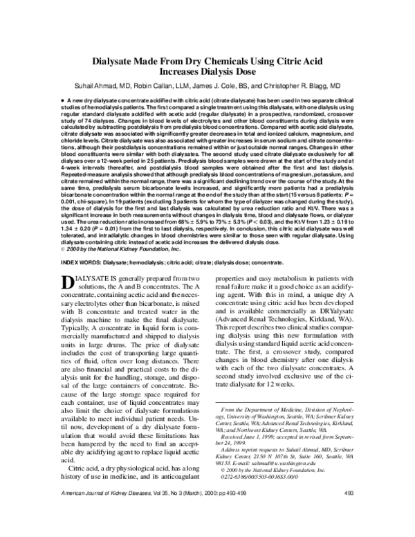 (PDF) Dialysate made from dry chemicals using citric acid increases ...