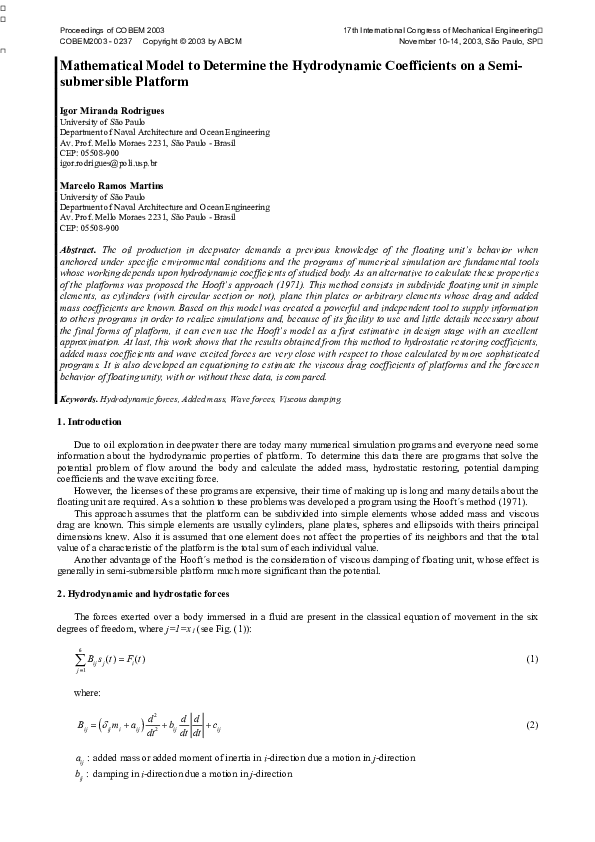 (PDF) Mathematical Model to Determine the Hydrodynamic Coefficients on a Semi- submersible Platform