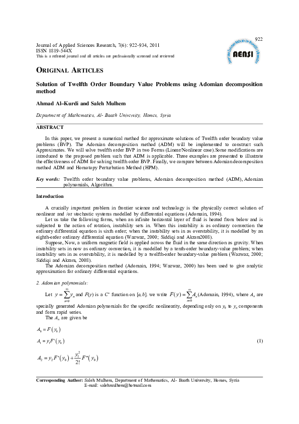 Pdf Original Articles Solution Of Twelfth Order Boundary Value Problems Using Adomian