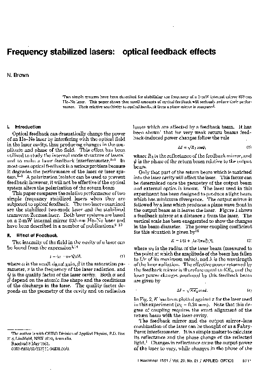 (PDF) Frequency stabilized lasers: optical feedback effects