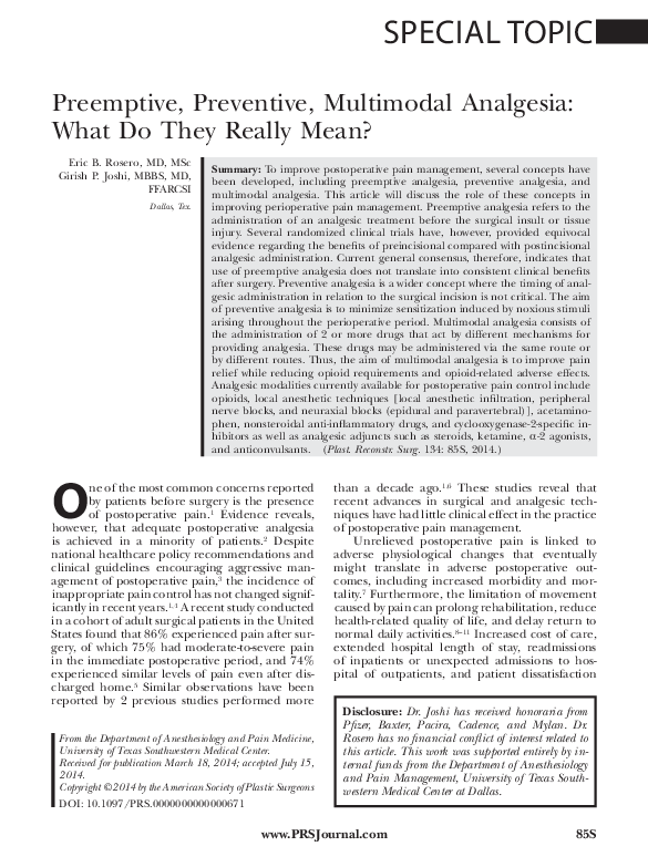 (PDF) Preemptive, Preventive, Multimodal Analgesia