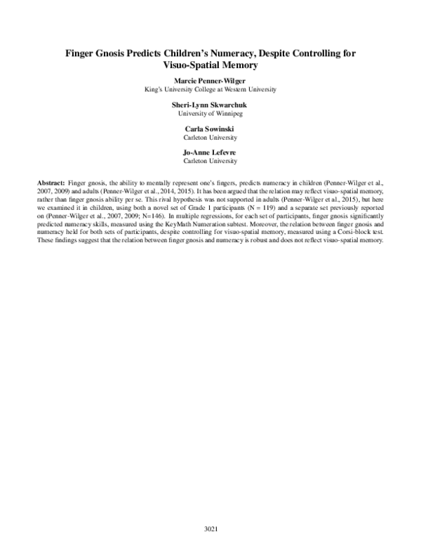(PDF) Finger Gnosis Predicts Children's Numeracy, Despite Controlling ...