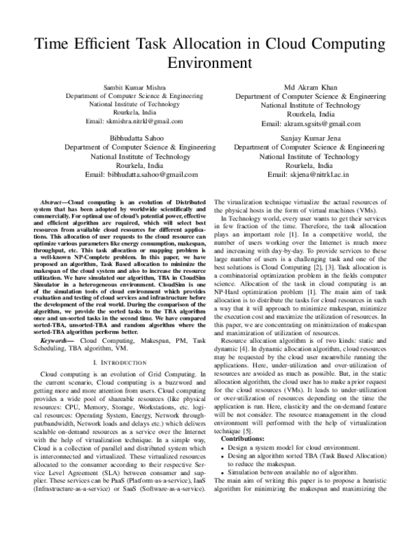 (PDF) Time efficient task allocation in cloud computing environment