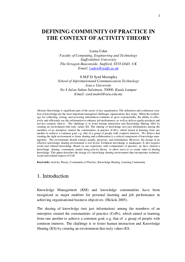 (PDF) Defining Community of Practice in the Context of Activity Theory