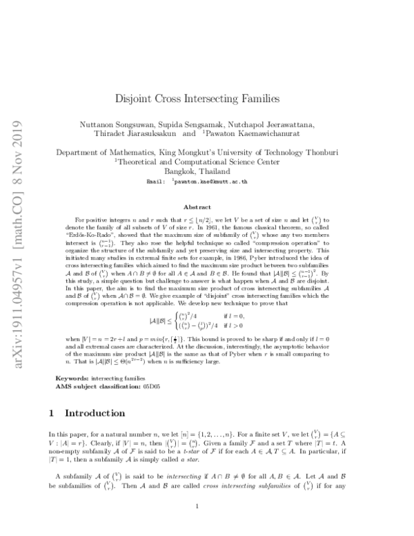 (PDF) Disjoint Cross Intersecting Families