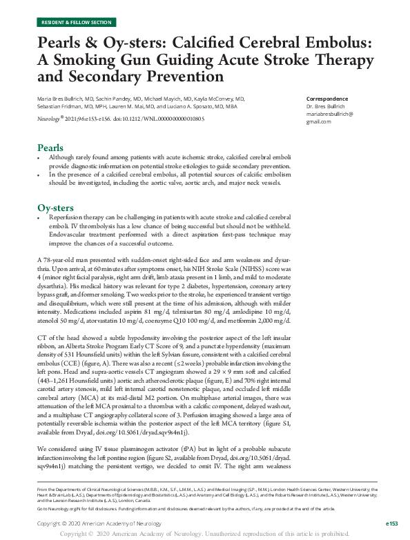 (PDF) Pearls and Oy-sters: Calcified cerebral embolus: A smoking gun ...