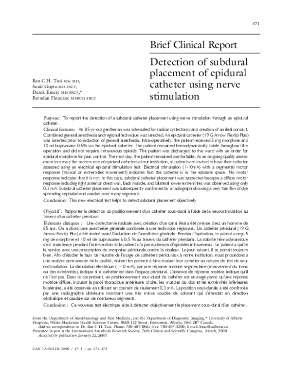 (PDF) Detection of Subdural Placement of Epidural Catheter Using Nerve ...