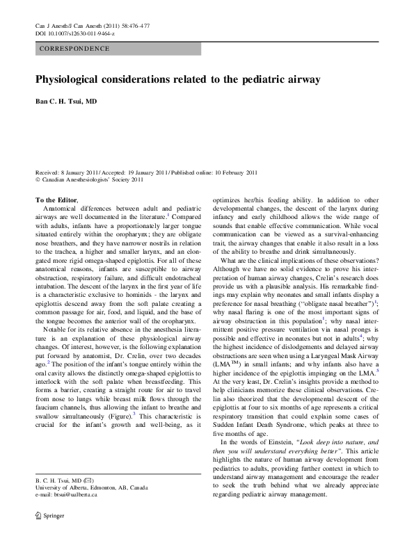(PDF) Physiological considerations related to the pediatric airway