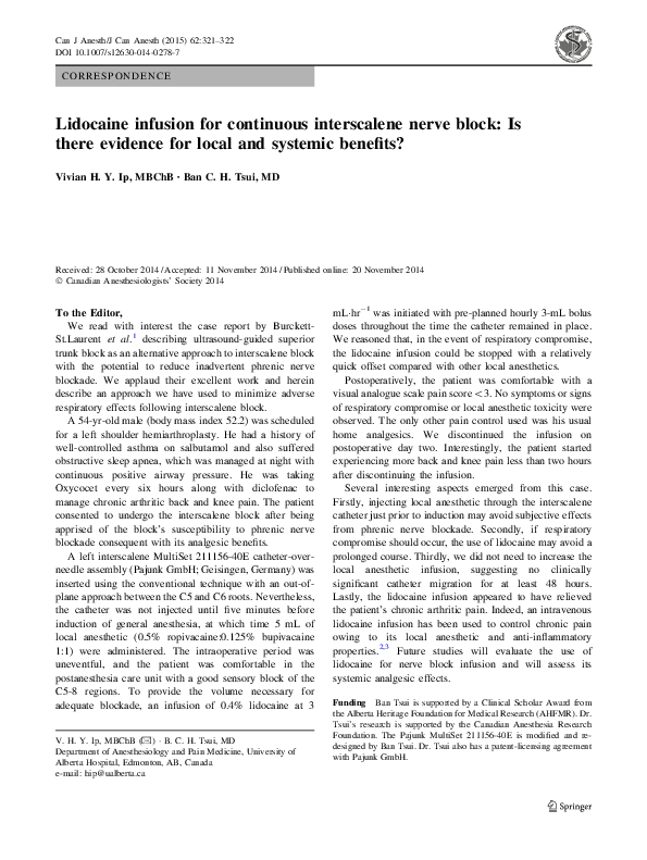 (PDF) Lidocaine infusion for continuous interscalene nerve block: Is ...