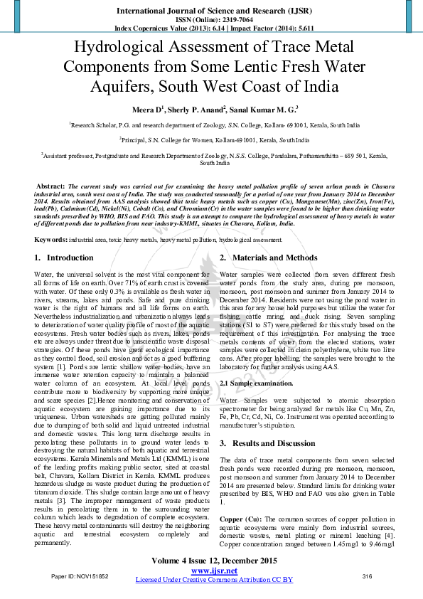 (PDF) Hydrological Assessment of Trace Metal Components from Some ...