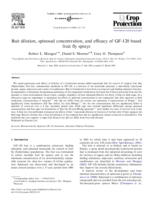 (PDF) Bait dilution, spinosad concentration, and efficacy of GF-120 based fruit fly sprays