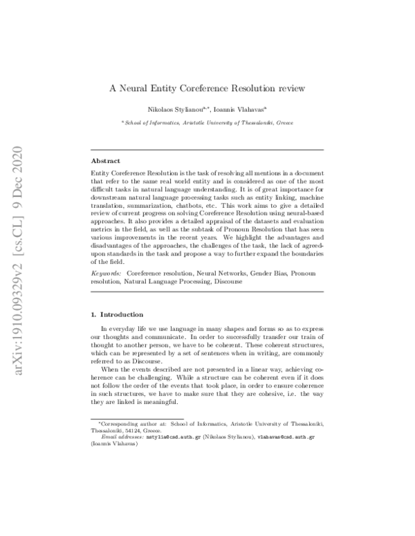 (PDF) A neural Entity Coreference Resolution review
