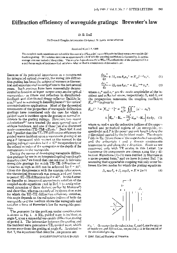 (PDF) Diffraction efficiency of waveguide gratings: Brewster's law