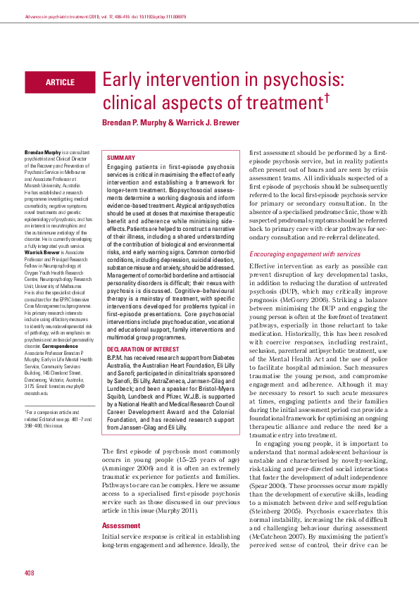(PDF) Early intervention in psychosis: clinical aspects of treatment