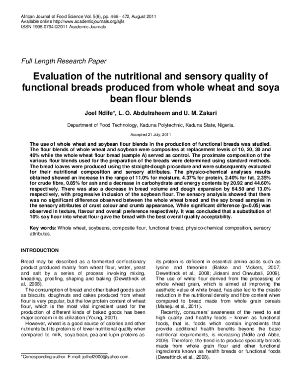 (PDF) Evaluation of the nutritional and sensory quality of functional breads prepared from whole ...