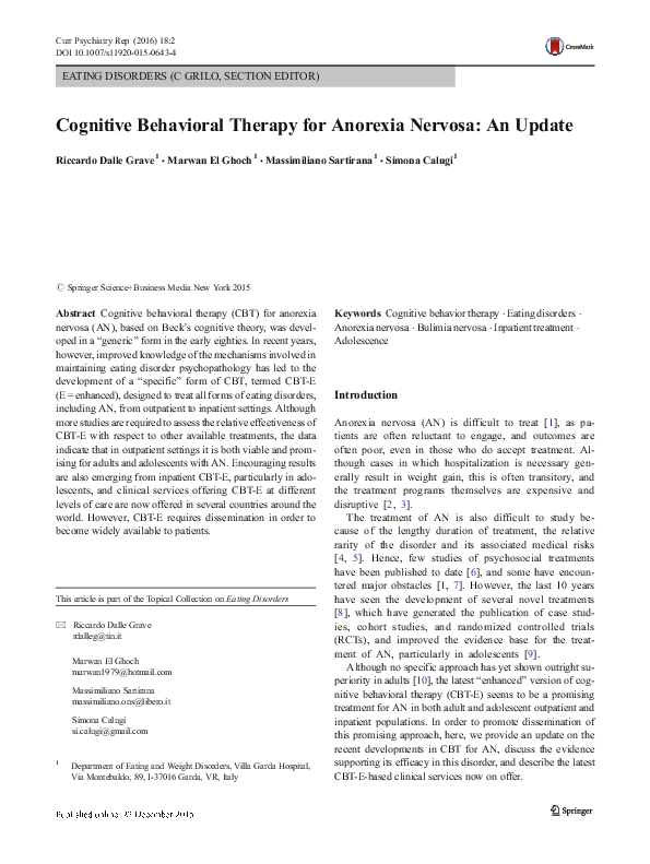 (PDF) Cognitive Behavioral Therapy for Anorexia Nervosa: An Update