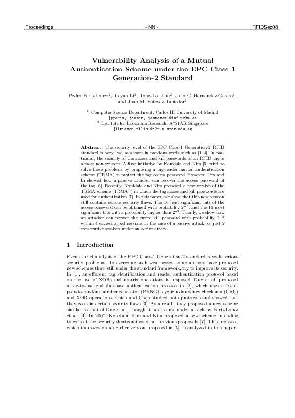 Pdf Vulnerability Analysis Of A Mutual Authentication Protocol Conforming To Epc Class 1