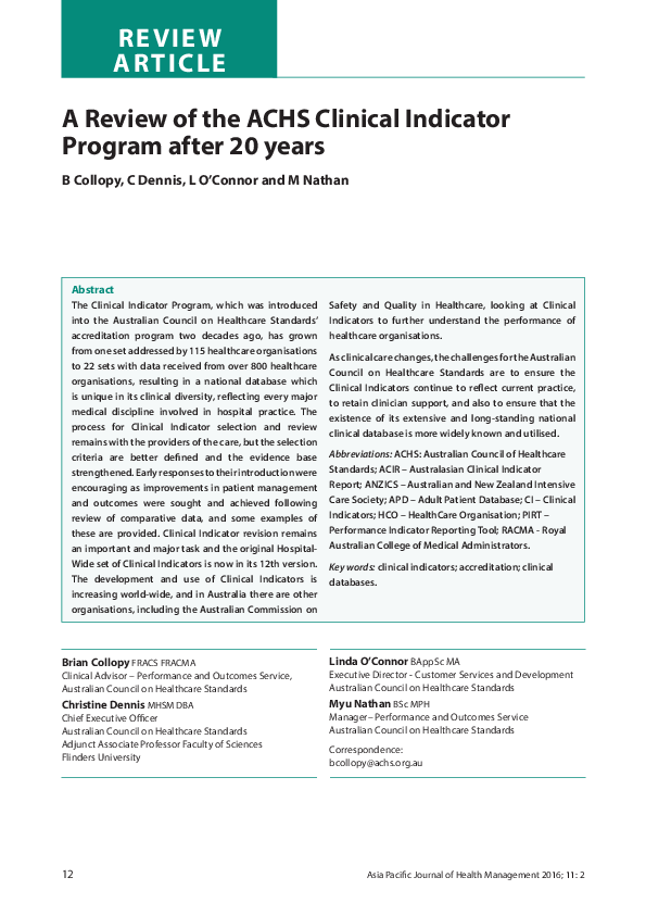 (PDF) A Review of the ACHS Clinical Indicator Program after 20 years