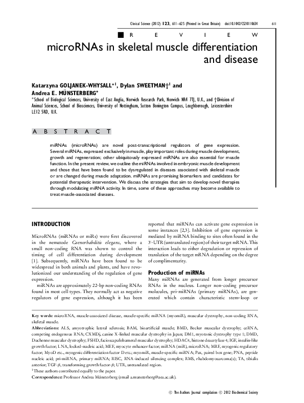 (PDF) microRNAs in skeletal muscle differentiation and disease