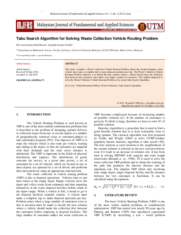 (PDF) Tabu search algorithm for solving waste collection vehicle routing problem
