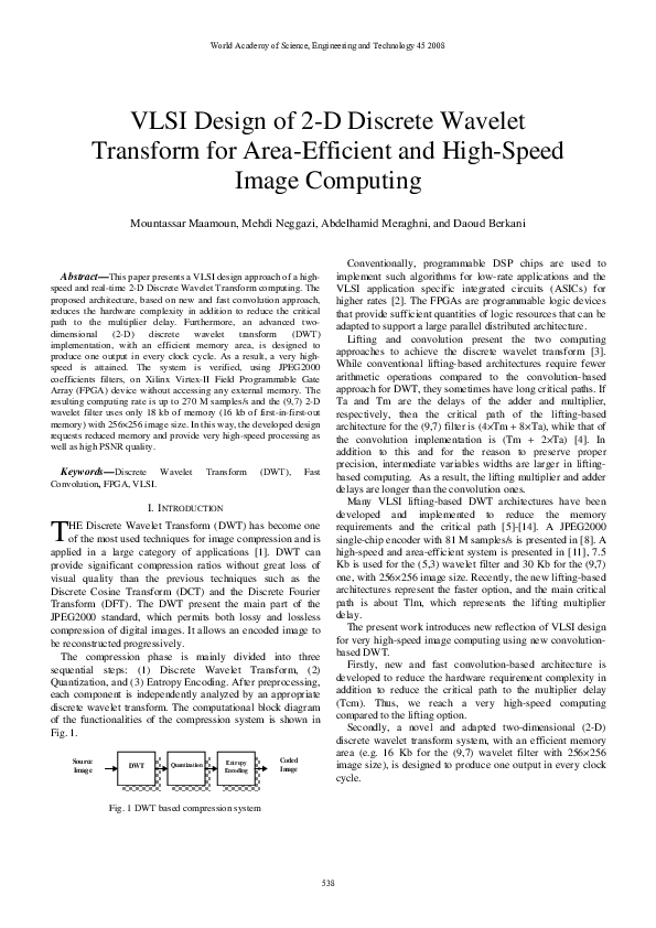 (PDF) VLSI Design of 2-D Discrete Wavelet Transform for Area