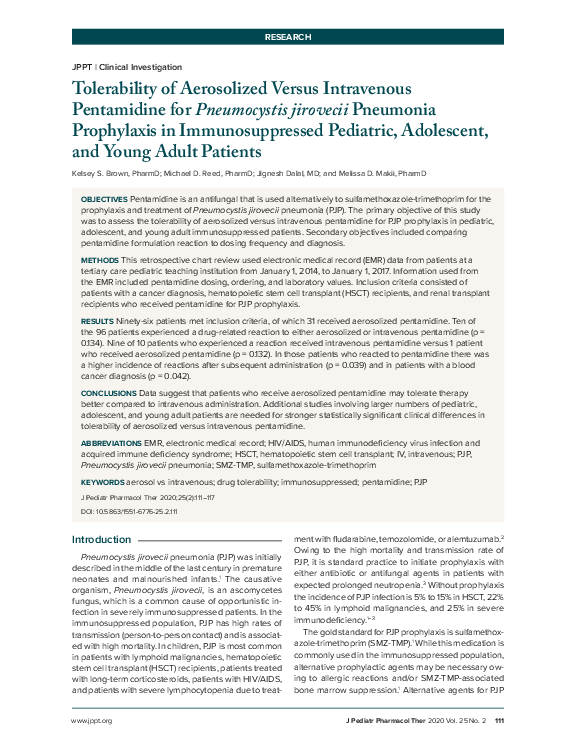(PDF) Tolerability of Aerosolized Versus Intravenous Pentamidine for ...