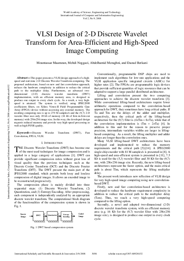 Pdf Vlsi Design Of 2 D Discrete Wavelet Transform For Area Efficient And High Speed Image