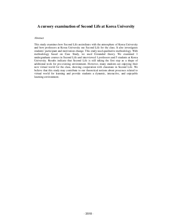 (PDF) A Cursory Examination of Second Life at Korea University