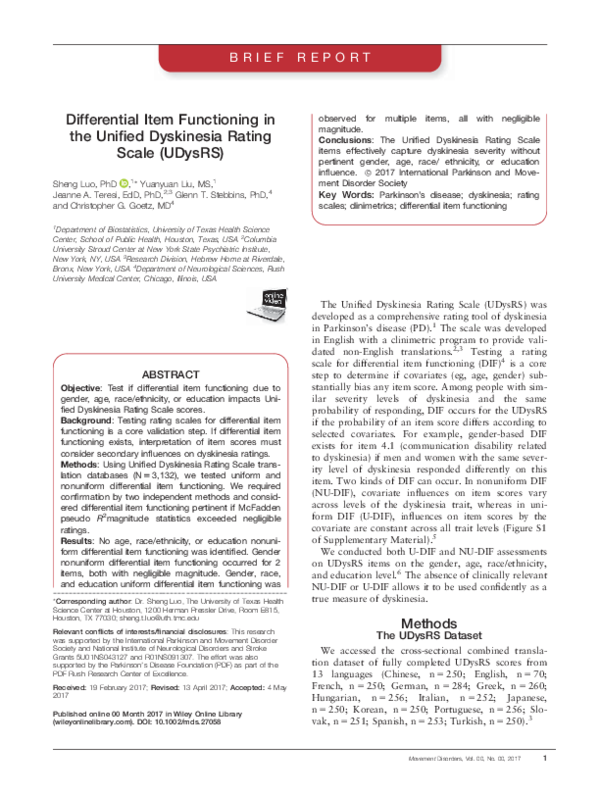 (PDF) Differential item functioning in the Unified Dyskinesia Rating Scale (UDysRS)