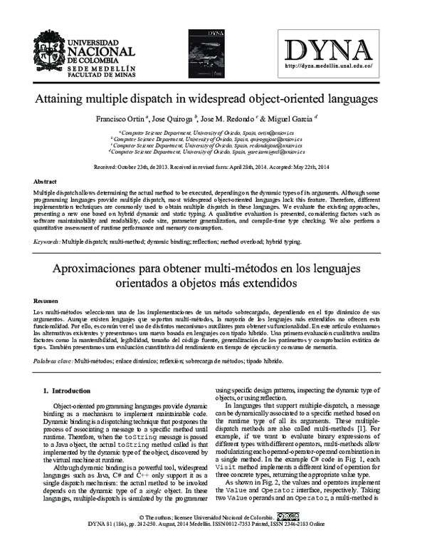 (PDF) Attaining multiple dispatch in widespread object-oriented languages
