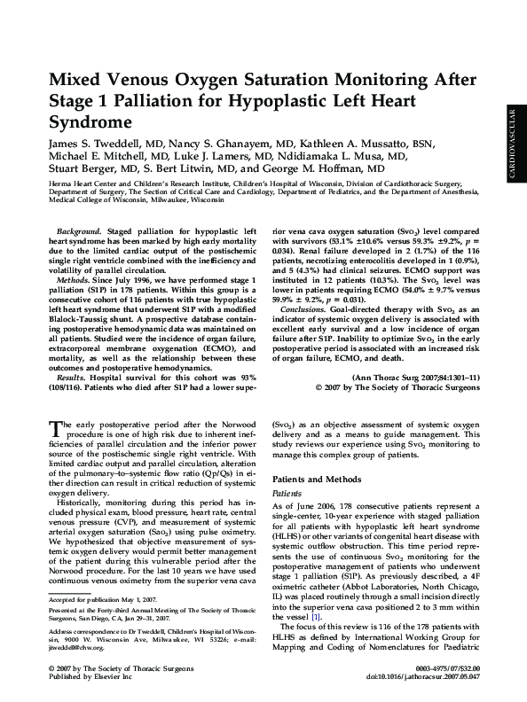 (PDF) Mixed Venous Oxygen Saturation Monitoring After Stage 1 ...