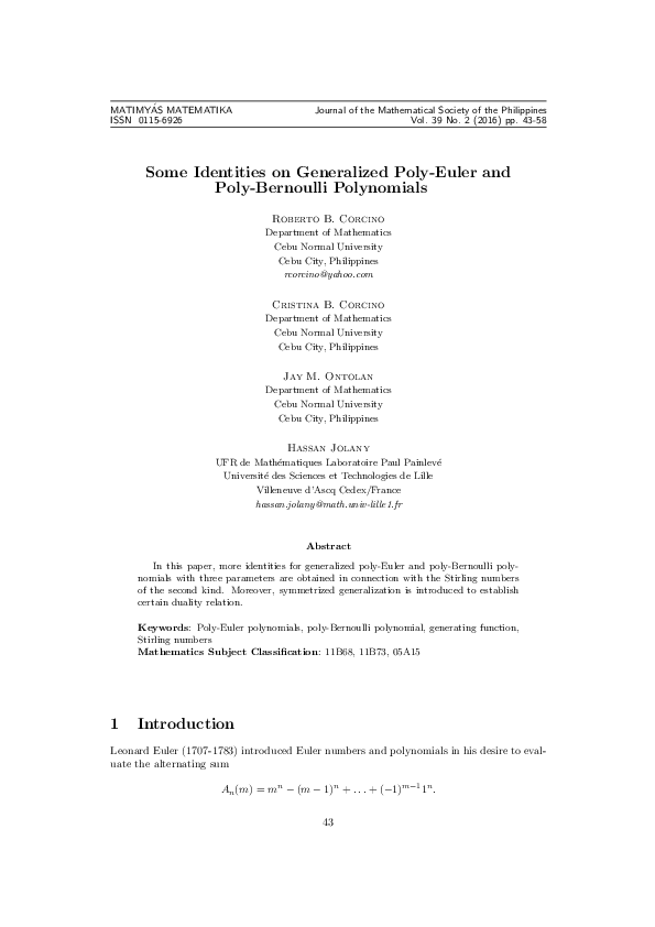 Pdf Some Identities On Generalized Poly Euler And Poly Bernoulli Polynomials