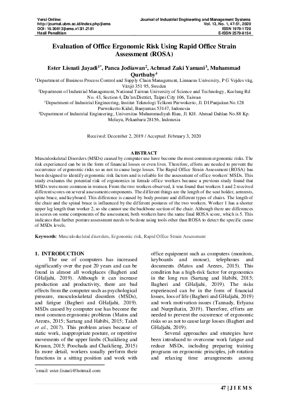 (PDF) Evaluation of Office Ergonomic Risk Using Rapid Office Strain ...