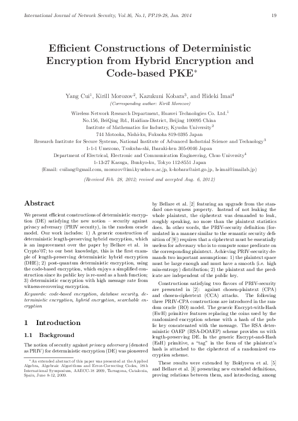 (PDF) Efficient Constructions of Deterministic Encryption from Hybrid Encryption and Code-Based PKE