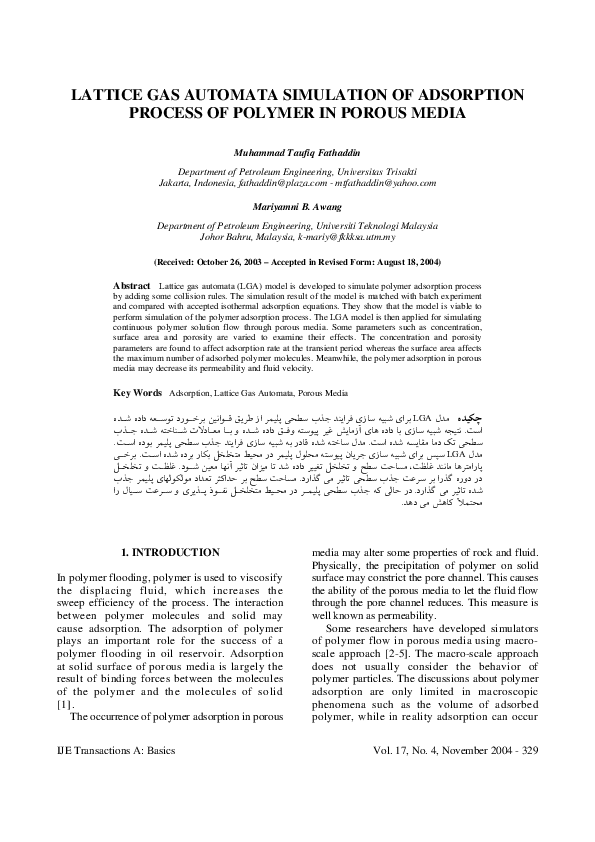 (PDF) Lattice Gas Automata Simulation of Adsorption Process of Polymer in Porous Media