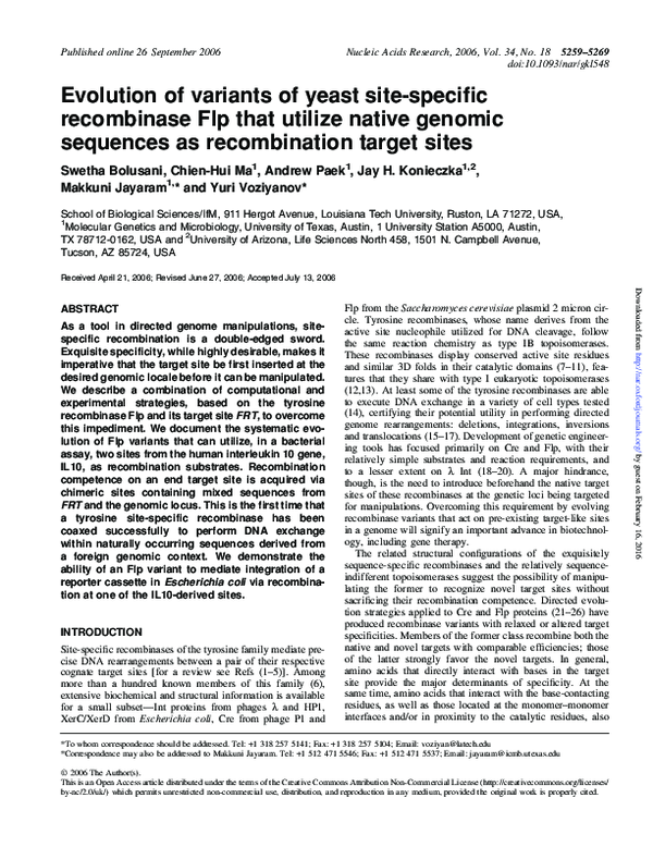 Pdf Evolution Of Variants Of Yeast Site Specific Recombinase Flp That