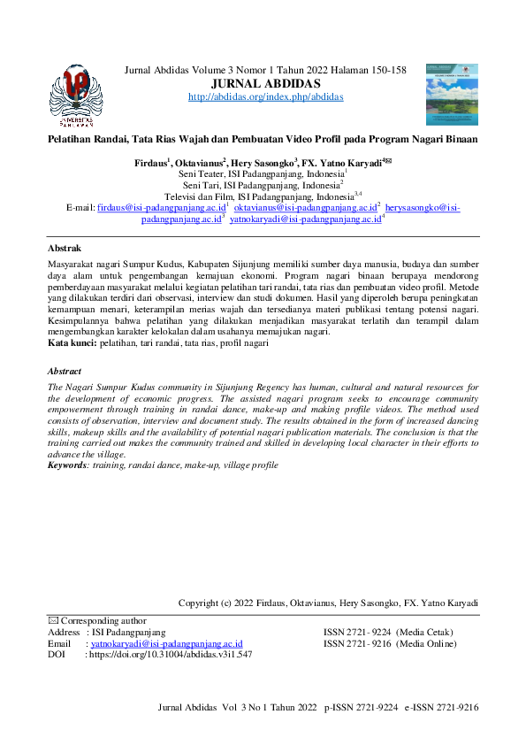 (PDF) Pelatihan Randai, Tata Rias Wajah dan Pembuatan Video Profil pada Program Nagari Binaan