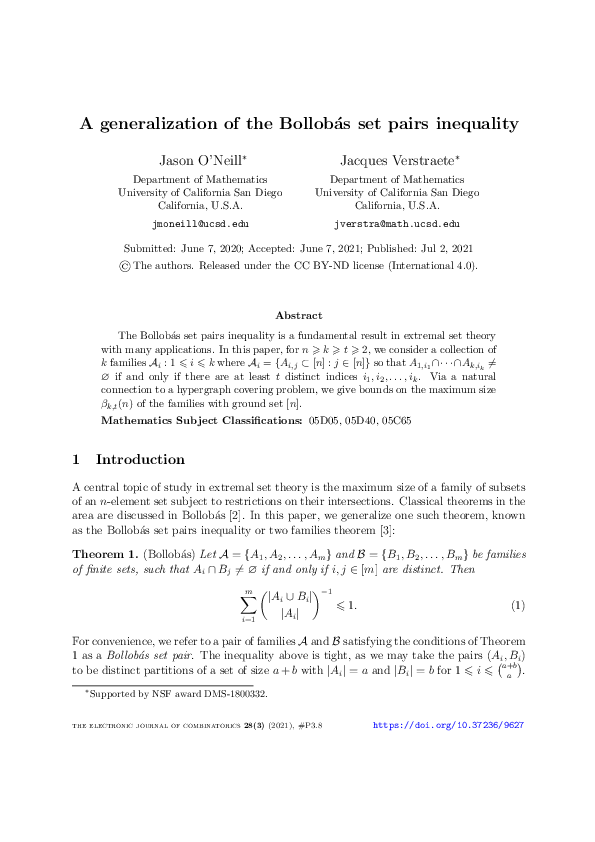 (PDF) A Generalization of the Bollobás Set Pairs Inequality | Jacques ...
