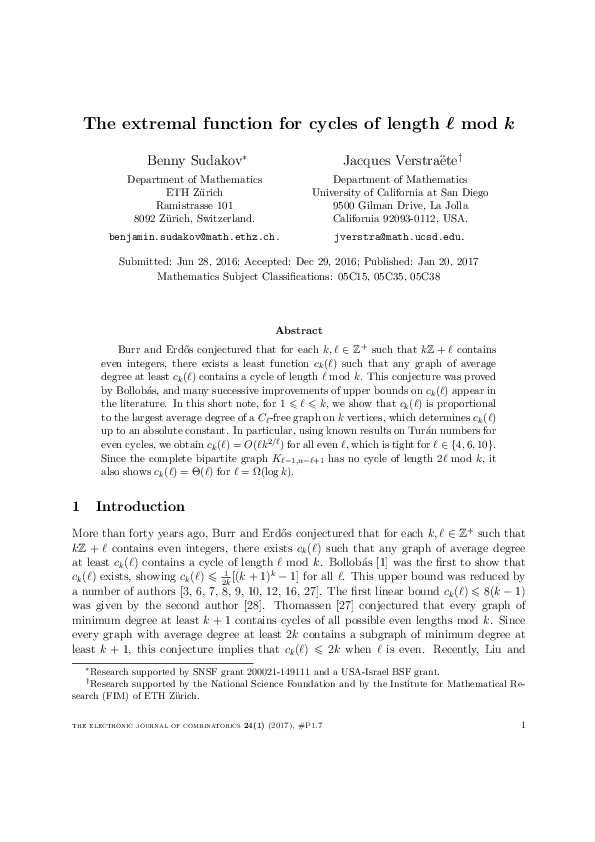 (PDF) The extremal function for cycles of length mod k