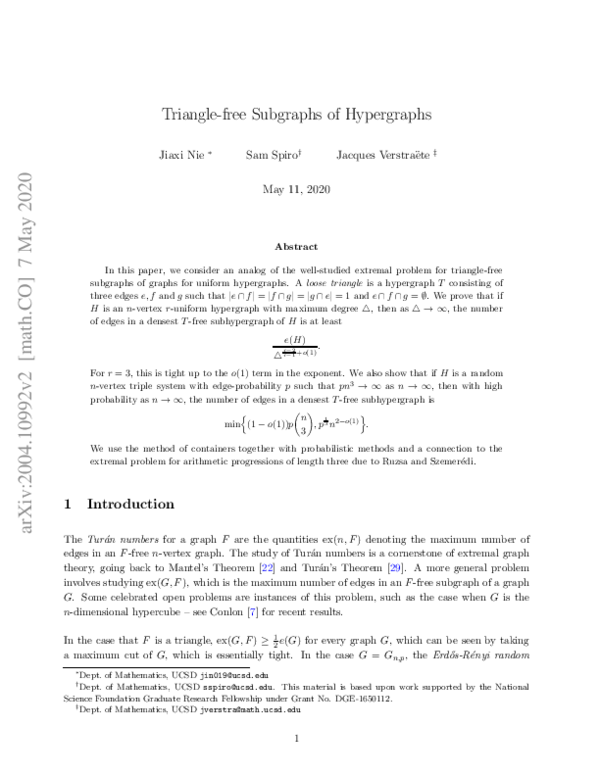 (PDF) Triangle-Free Subgraphs of Hypergraphs | Jacques Verstraete - Academia.edu