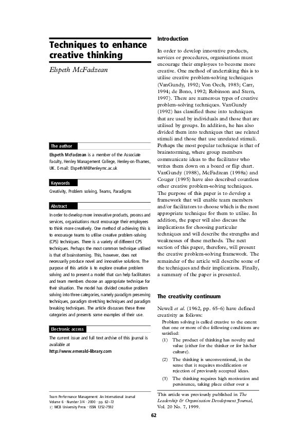(PDF) Techniques to enhance creative thinking