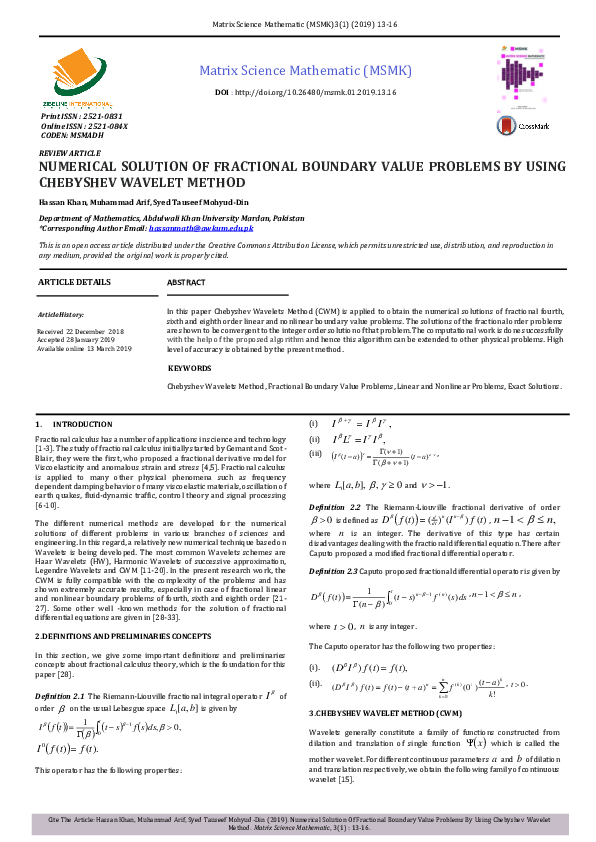 (PDF) Numerical Solution of Fractional Boundary Value Problems by Using Chebyshev Wavelet Method