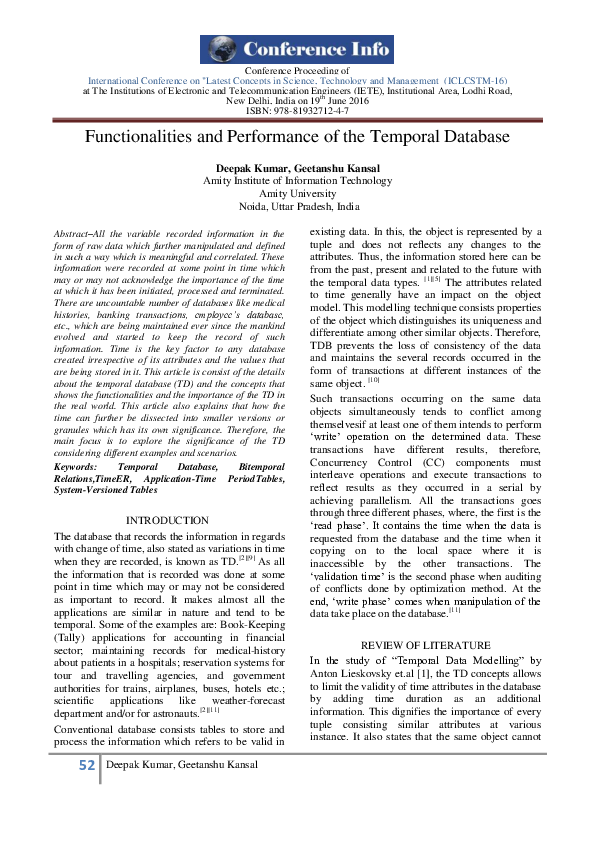 (PDF) Functionalities and Performance of the Temporal Database | Geetanshu Kansal - Academia.edu