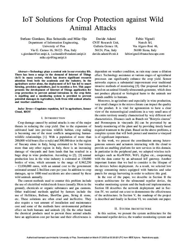 (PDF) IoT solutions for crop protection against wild animal attacks