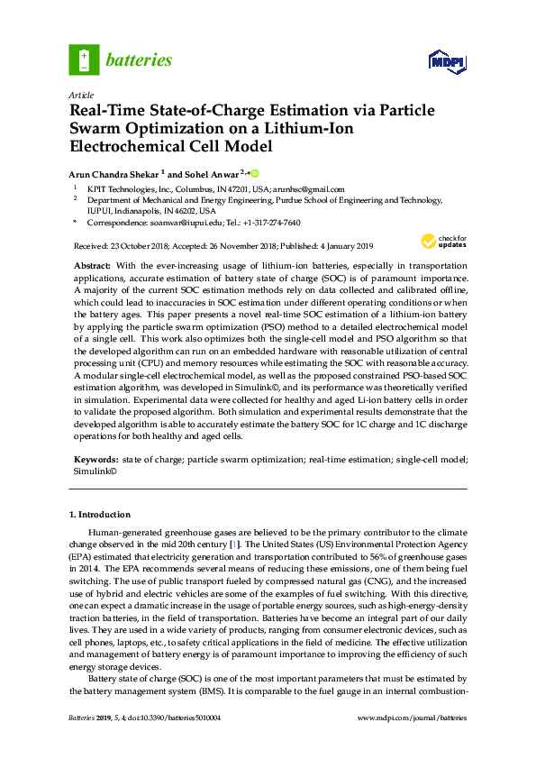 Pdf Real Time State Of Charge Estimation Via Particle Swarm Optimization On A Lithium Ion