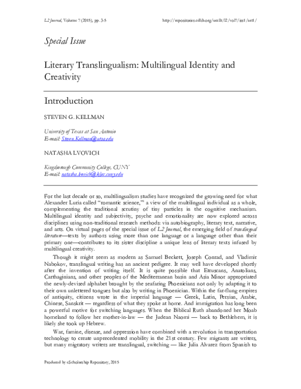 (PDF) Special Issue Literary Translingualism: Multilingual Identity and ...
